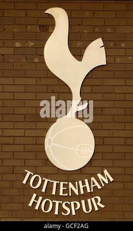 A general view of the Tottenham Hotspur logo on the stadium ahead of ...