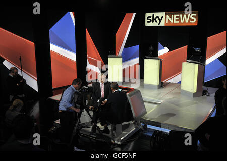 Sky News presenter Adam Boulton on the newly erected set inside the ...