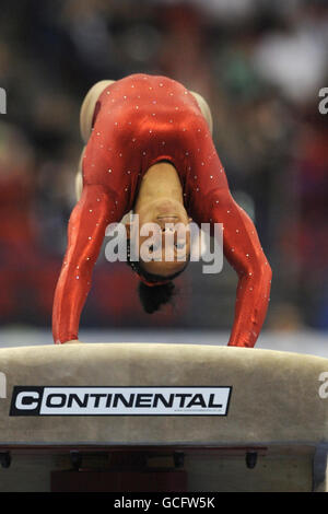 A female gymnast performs a vault during the British Gymnastics ...