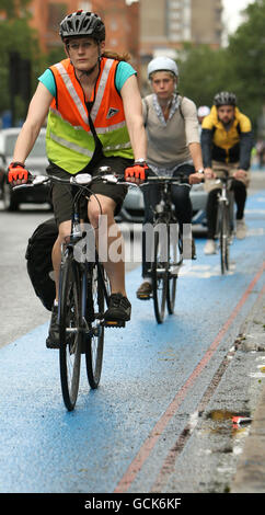 Cycle Superhighway - London. Cyclists rides on a cycle superhighway, in ...