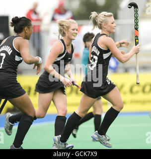 Charlotte Harrison of New Zealand, right, celebrates her winning goal ...