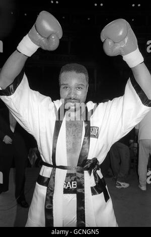 Ugandan welterweight boxer John "The Beast" Mugabi in action against ...