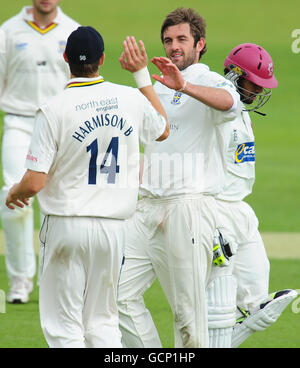 Durham's Liam Plunkett celebrates the wicket of Nottinghamshire's ...