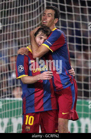 Barcelona's Lionel Messi celebrates with his teammate Thierry Henry ...