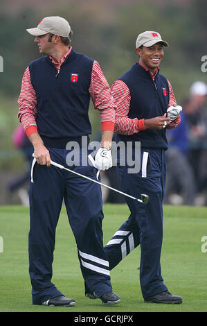 Tiger Woods, left and Dustin Johnson during the final round of the ...