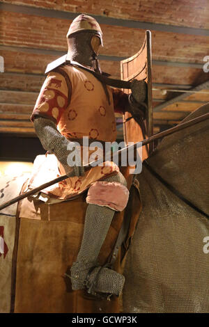 Spanish medieval knight with a helmet and a shield isolated on a white ...