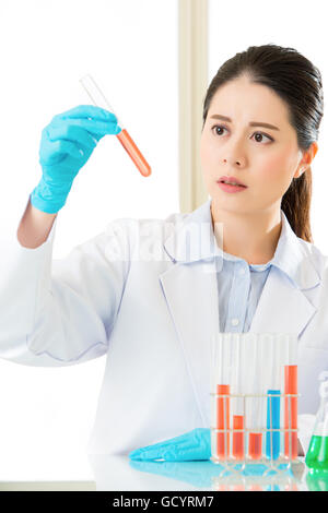 Asian female forensic scientist working on chemicals in laboratory ...