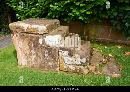 Old stone mounting block outside Oxwich Castle Gower Peninsula Wales ...