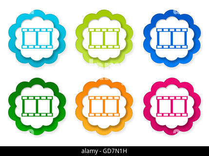 Set of colorful stickers icons with movie symbol in blue, green, yellow ...