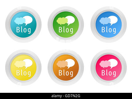 Set of rounded icons with blog symbol in green, yellow, orange and ...