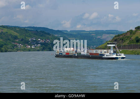 Cargo ship on the river Rhine at Duisburg, North Rhine-Westphalia ...