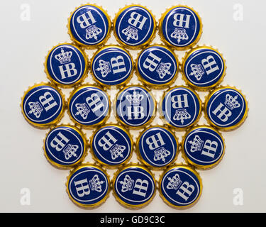 Bottle caps, Hofbraeu Brewery, beer culture, Munich, Bavaria, Germany ...