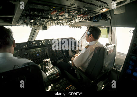 Interior of a Boeing 747 Jumbo cockpit at the Farnborough International ...