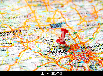Köln map. Close up of Cologne map with red pin. Map with red pin point ...