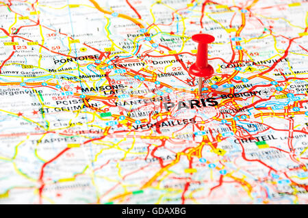 Map Pin pointing to Paris , France on a road map Stock Photo - Alamy