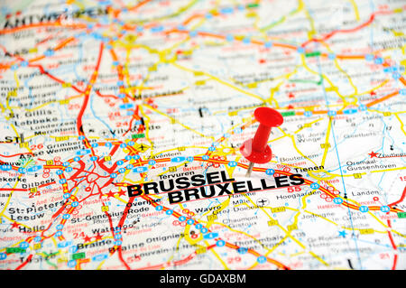 Red push pin pointing at Brussels, Belgium, on a map of europe Stock ...