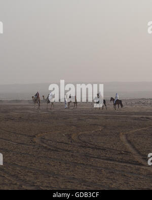 An Arab hunting party sets out at dawn during the Al Galayel Hunting ...