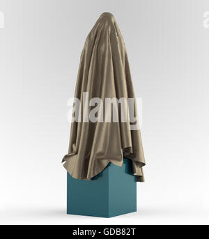 statue on cube podium draped with glossy satin cloth. Before the ...