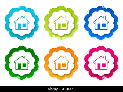 Set of colorful stickers icons with house symbol in blue, green, pink ...