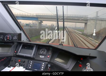 Italy, inside of the driver's compartment on an high-speed train ...