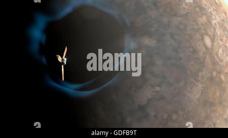 Juno and Jupiter's aurorae. Illustration of NASA's Juno spacecraft over ...