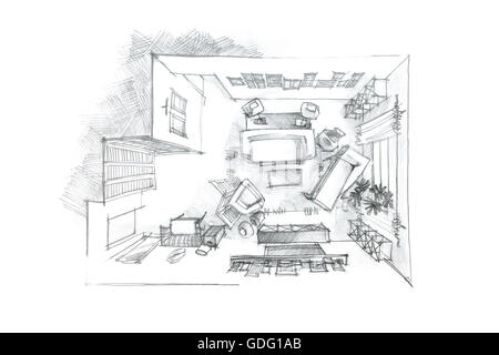 top view architectural graphical drawing of living room with drawing ...