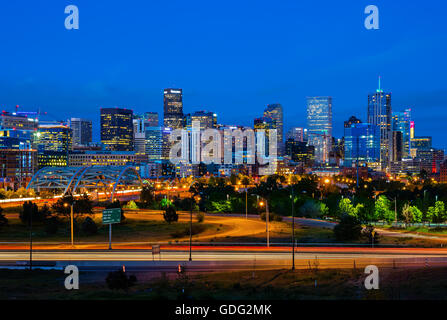 Beautiful Denver Colorado night skyline with lit buildings of downtown ...