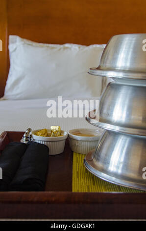 breakfast tray set up on a bed with healthy foods and drink Stock Photo ...