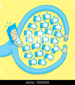Social media likes concept. Cartoon character man standing next to a ...