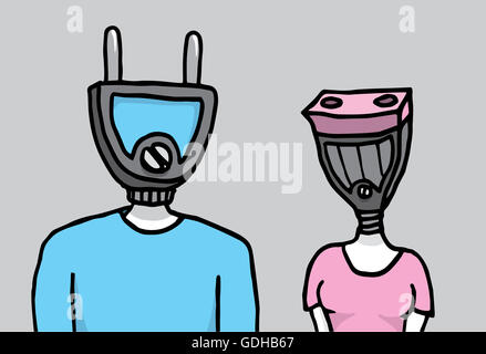 Cartoon illustration of connection between man and woman brains Stock ...