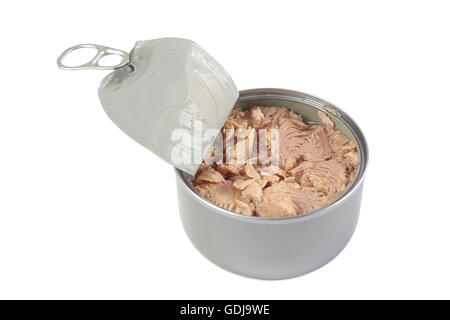 Tin with canned tuna on white background Stock Photo - Alamy