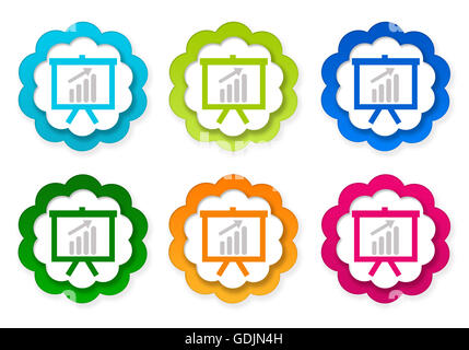 Set of colorful stickers icons with presentation symbol in blue, green ...