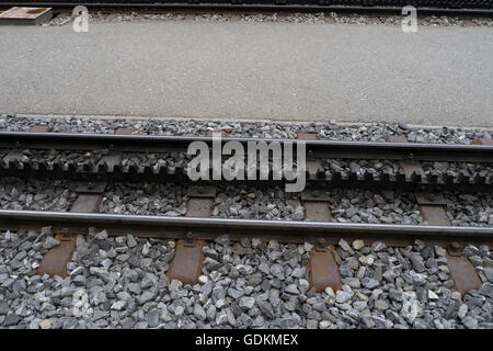 Detail of rack railway track and cog rack for Jungfraubahn funicular ...