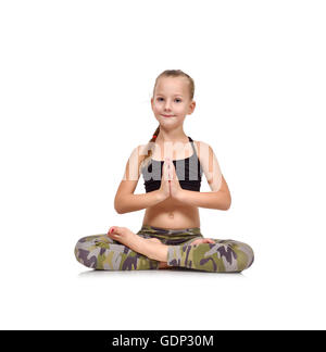 little girl doing namaste sitting on the floor Stock Photo - Alamy
