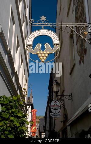 sign Drosselgasse in Ruedesheim, Germany. This narrow street is the ...