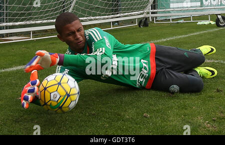 Goalkeeper Anderson of SE Palmeiras, gives a press conference after ...