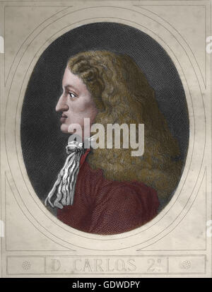 King Charles II of Spain (1661-1700). Portrait. Engraving, 19th century ...