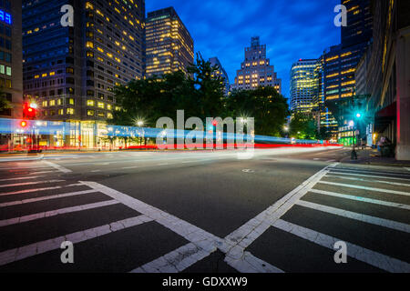 Crosswalks and intersection at night, in Boston, Massachusetts Stock ...