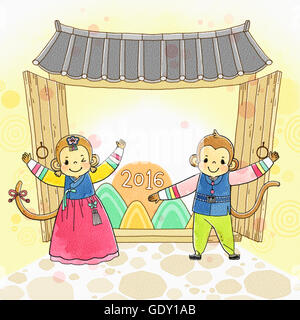 Background of new year with smiling monkeys in traditional Korean ...