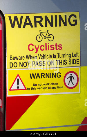 Safety warning notice for cyclists on back of school bus, London Stock ...