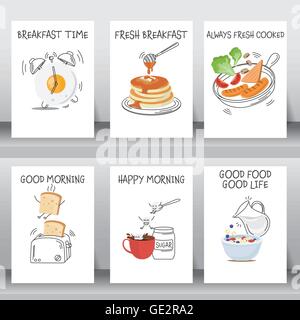 funny breakfast Posters and background set. flat and doodle design ...