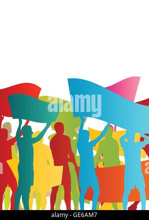 Protesters angry people crowd with posters and flags in abstract riot ...