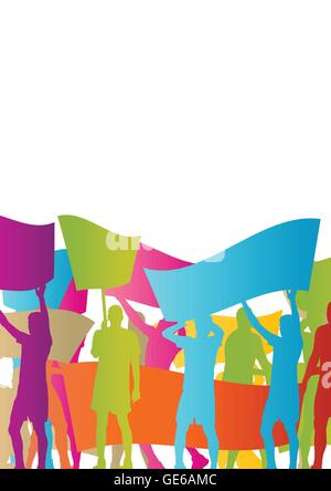 Protesters angry people crowd with posters and flags in abstract riot ...