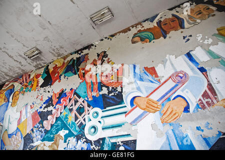 Painted Soviet wall murals inside the Palace of Culture in the ...