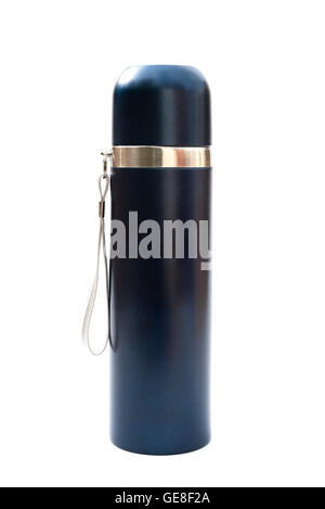 Blue insulated stainless steel tumbler with straw and handle isolated ...