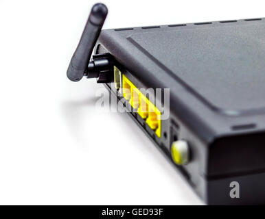 Black Computer Router Rear View of Ports on The Back on white ...