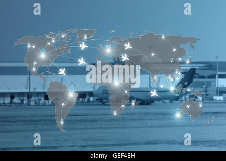 World map with flight routes airplanes. Global Aviation Business ...
