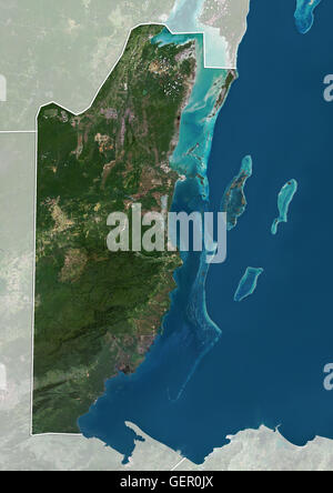 Satellite view of Belize (with country boundaries). The image shows the ...