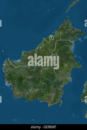 Satellite view of Borneo. The island is divided among three countries ...