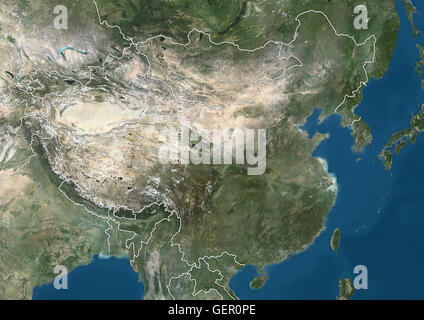 Satellite view of China (with country boundaries and mask). This image ...